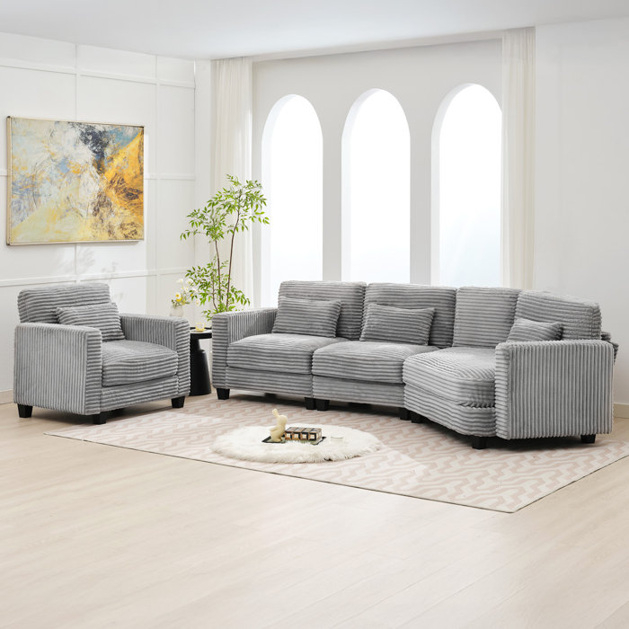 Ebern Designs Redenius Curved Corduroy Living Room Sofa Set includes 4 Seater plus Single Sofa ...